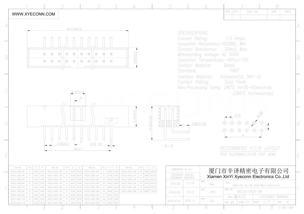 XYECONN IDC2.0-UD2S-5A technical drawing and specifications