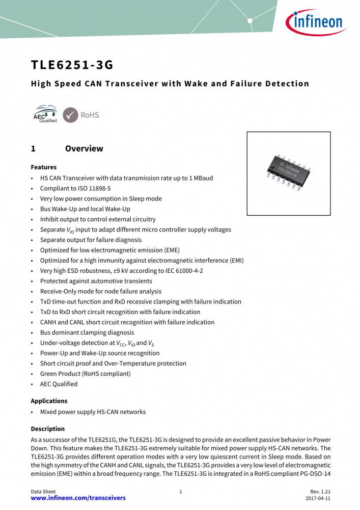 TLE6251-3G technical document page 1