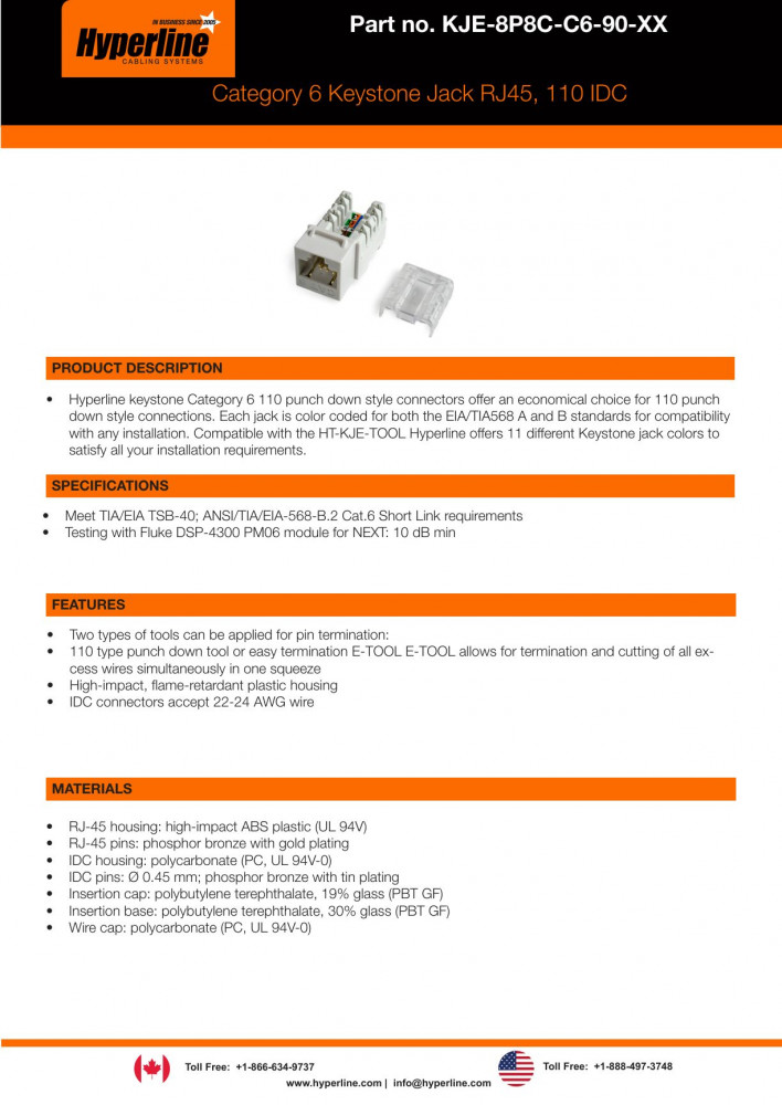 Hyperline KJE-8P8C-C6-90-OR technical document page 1