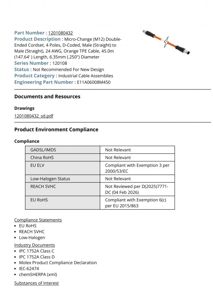 Technical document page 1 for MOLEX 1201080432