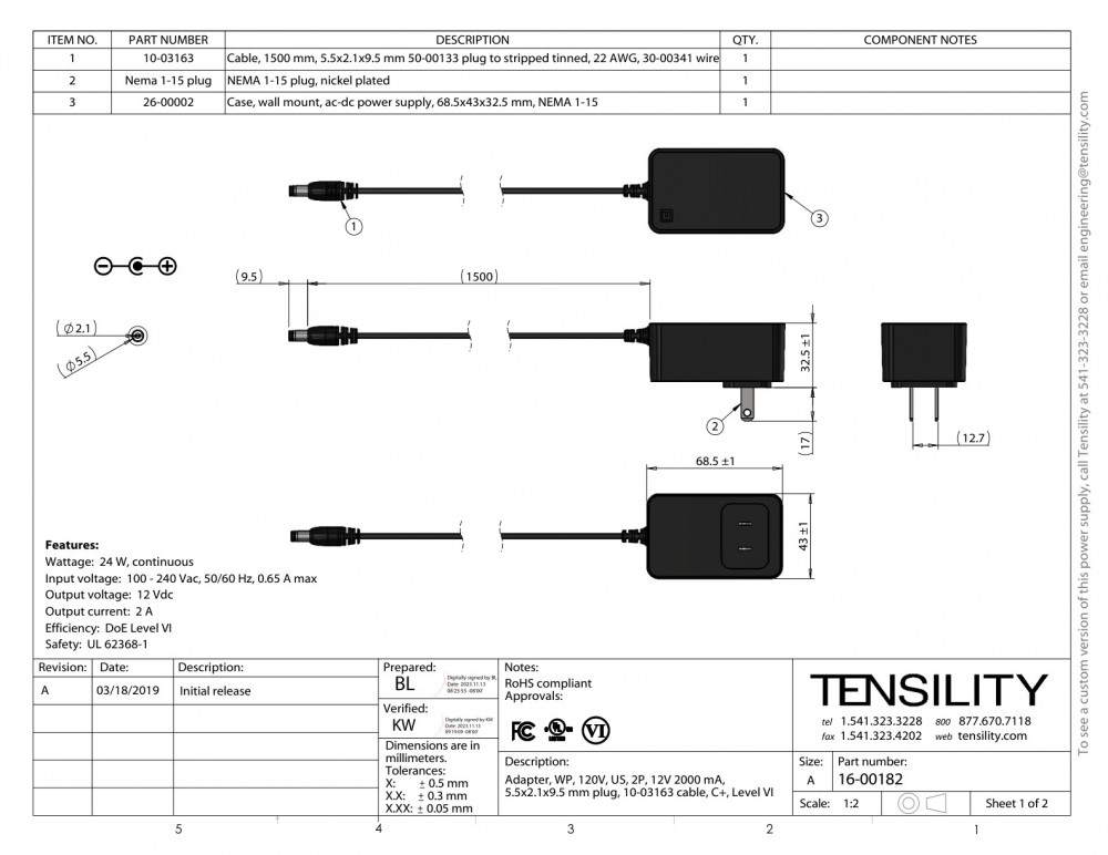 Tensility 16-00182 specification sheet, page 1