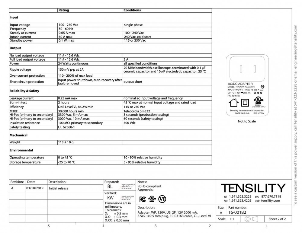 Tensility 16-00182 specification sheet, page 2