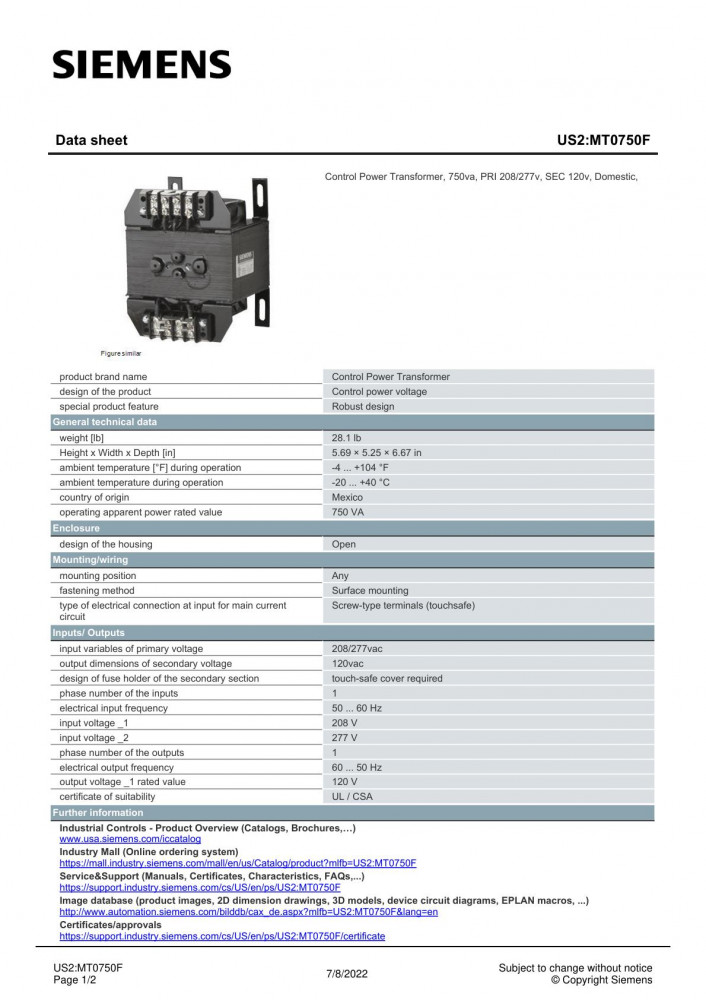 SIEMENS MT0750F datasheet page 1
