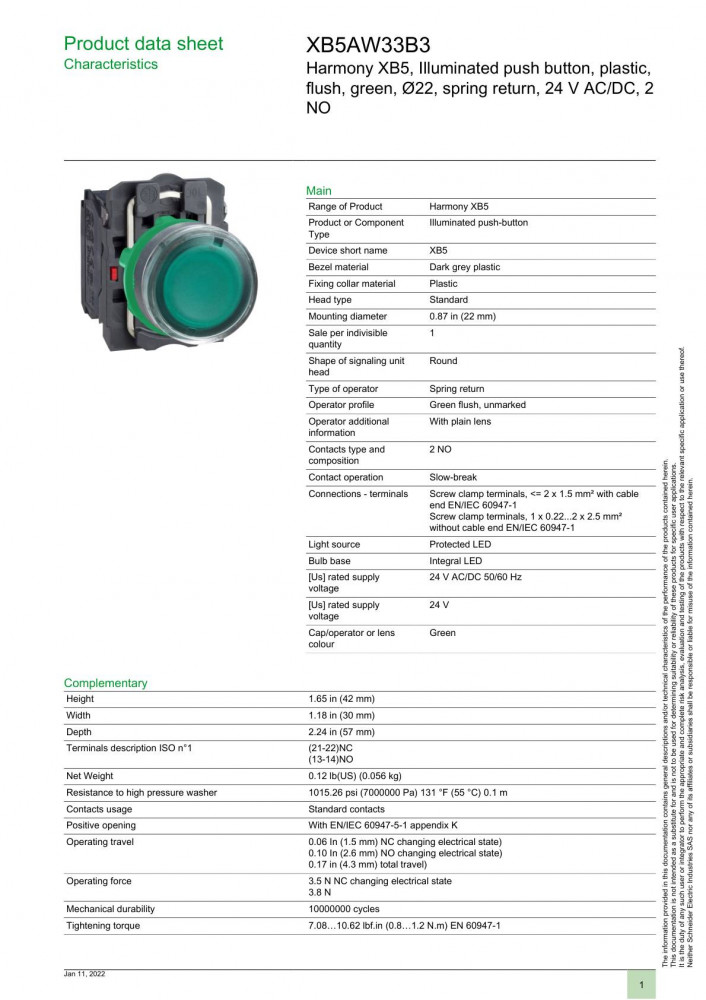 XB5AW33B3 technical document page 1