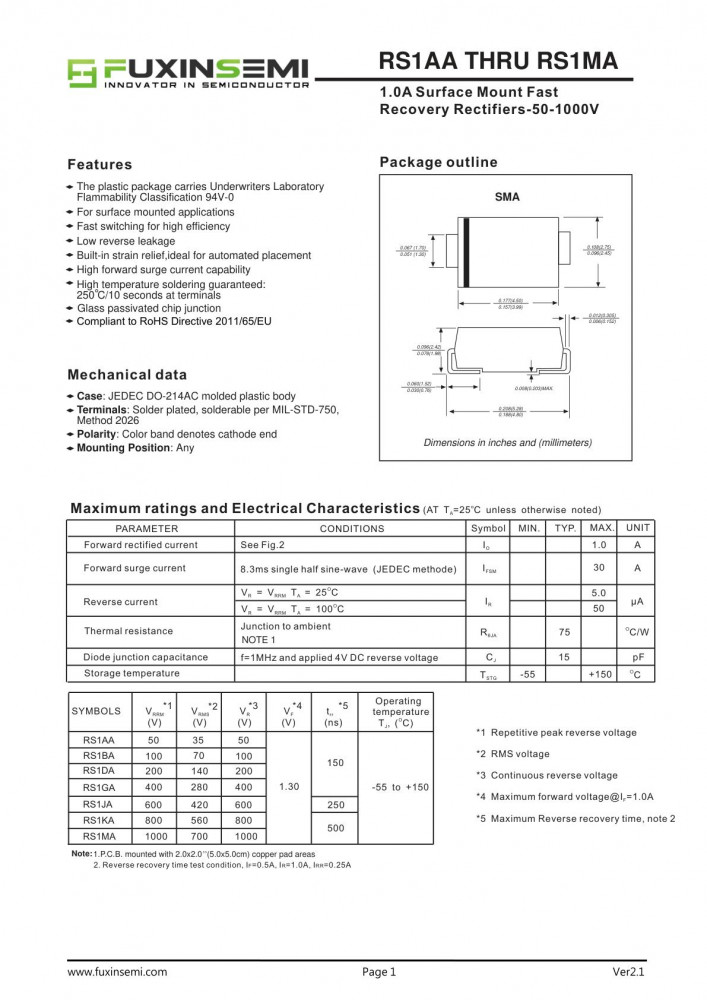 RS1MA datasheet page 1