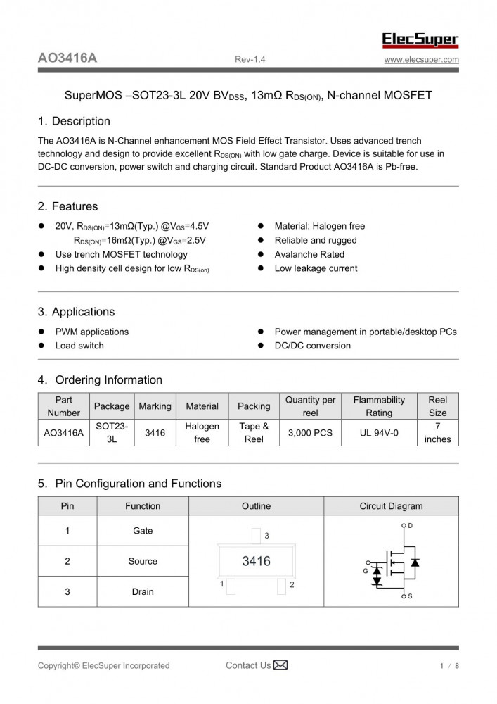 AO3416A datasheet page 1
