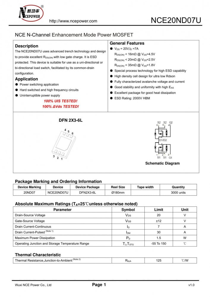 NCE20ND07U datasheet page 1