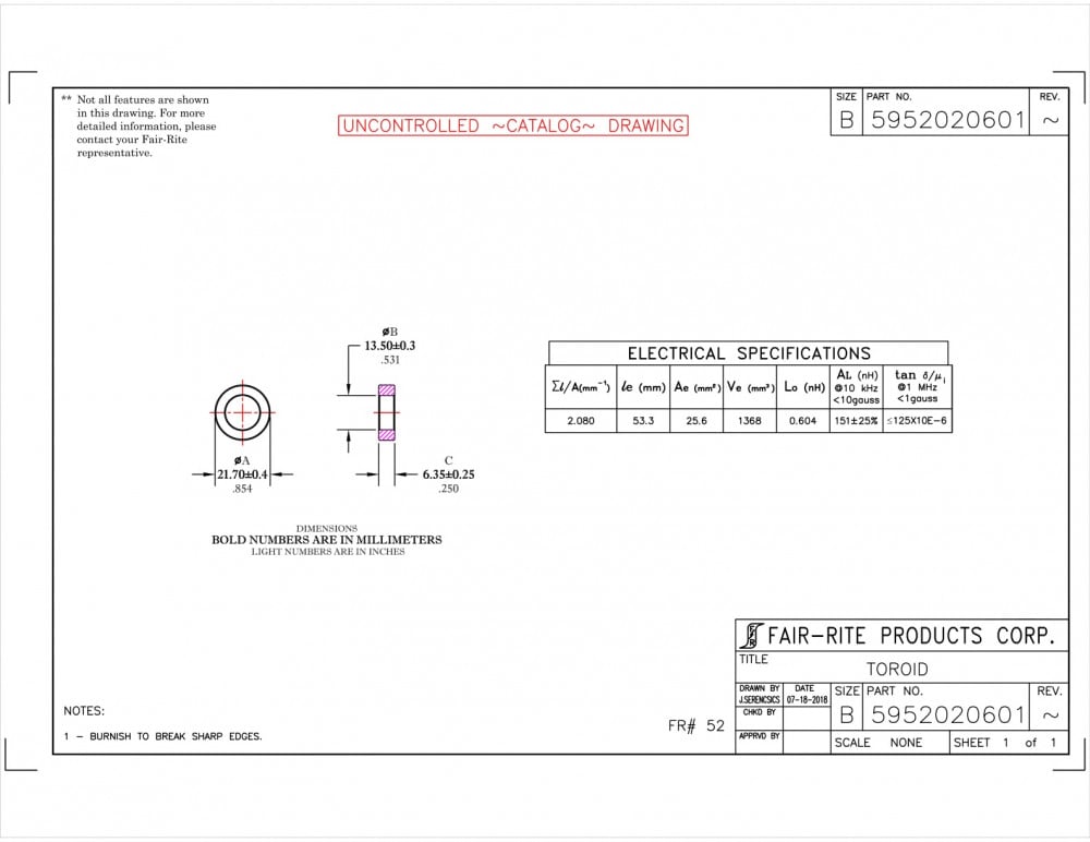 Fair-Rite 5952020601 mechanical drawing