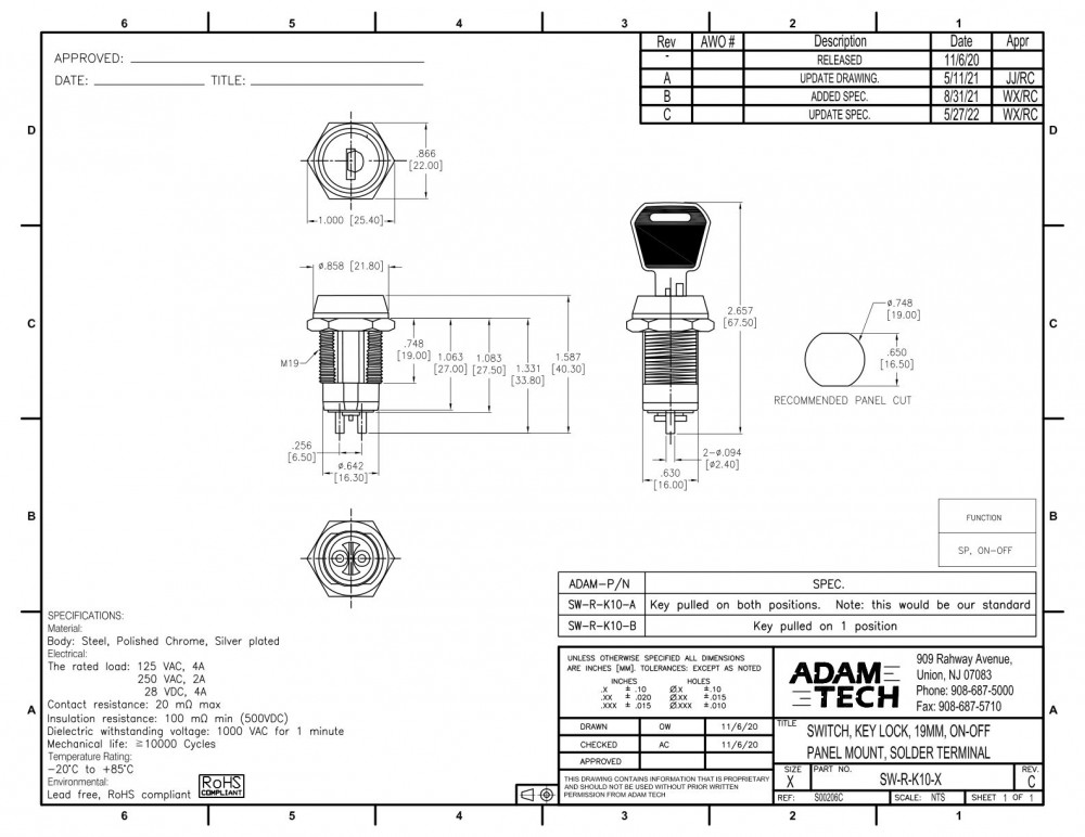 ADAM TECH key lock switch technical drawing preview