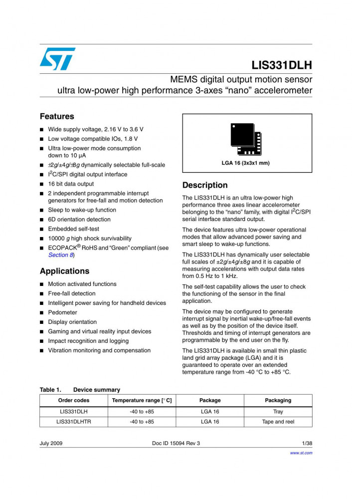 LIS331DLHTR technical document page 1