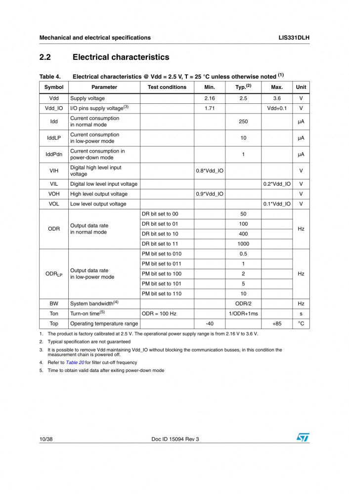 LIS331DLHTR technical document page 10