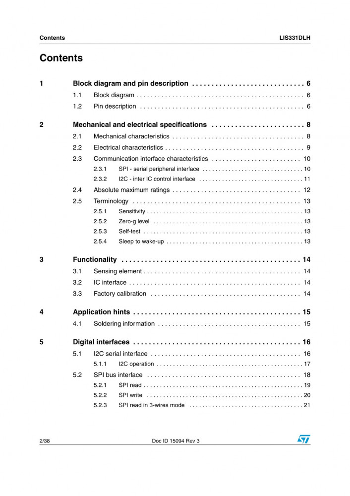 LIS331DLHTR technical document page 2