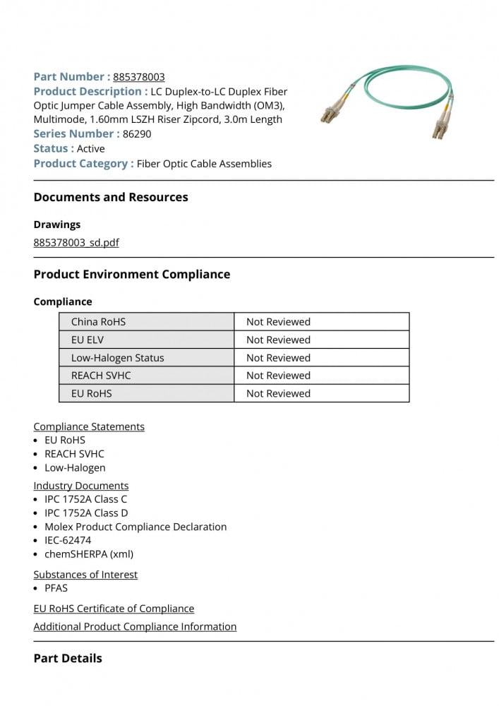 MOLEX 885378003 technical document page 1
