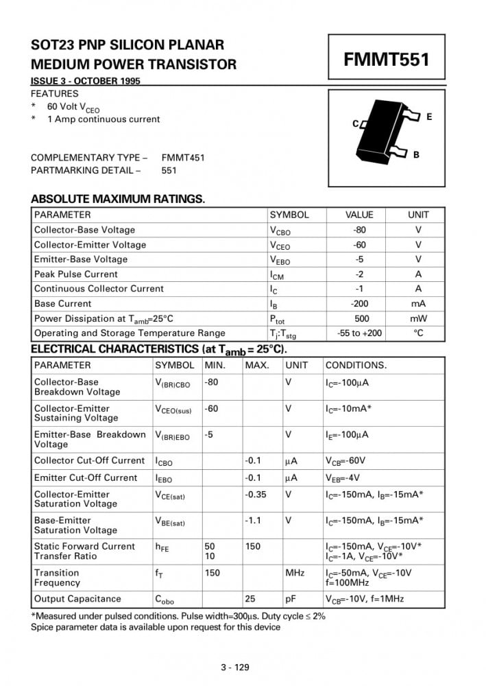 FMMT551TA datasheet page 1