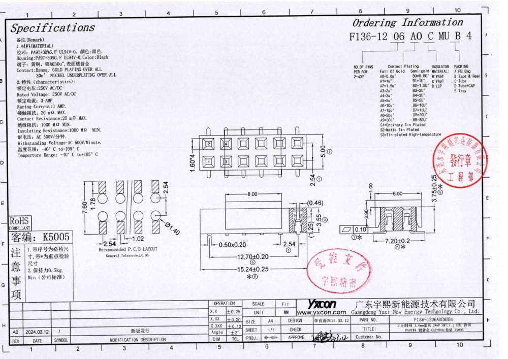 Yxcon F136-1206A0CMUB4 technical document page