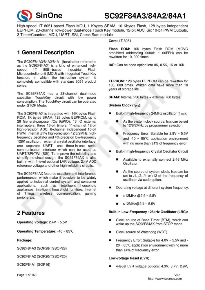 SC92F84A2 datasheet page 1