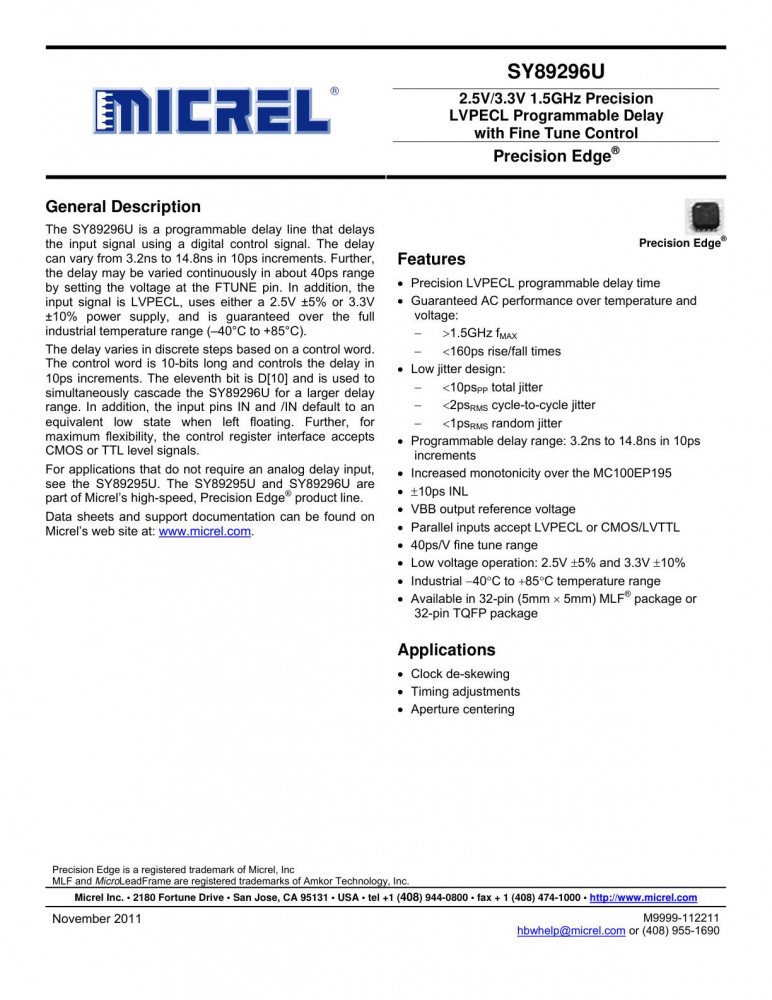 SY89296UTG datasheet page 1