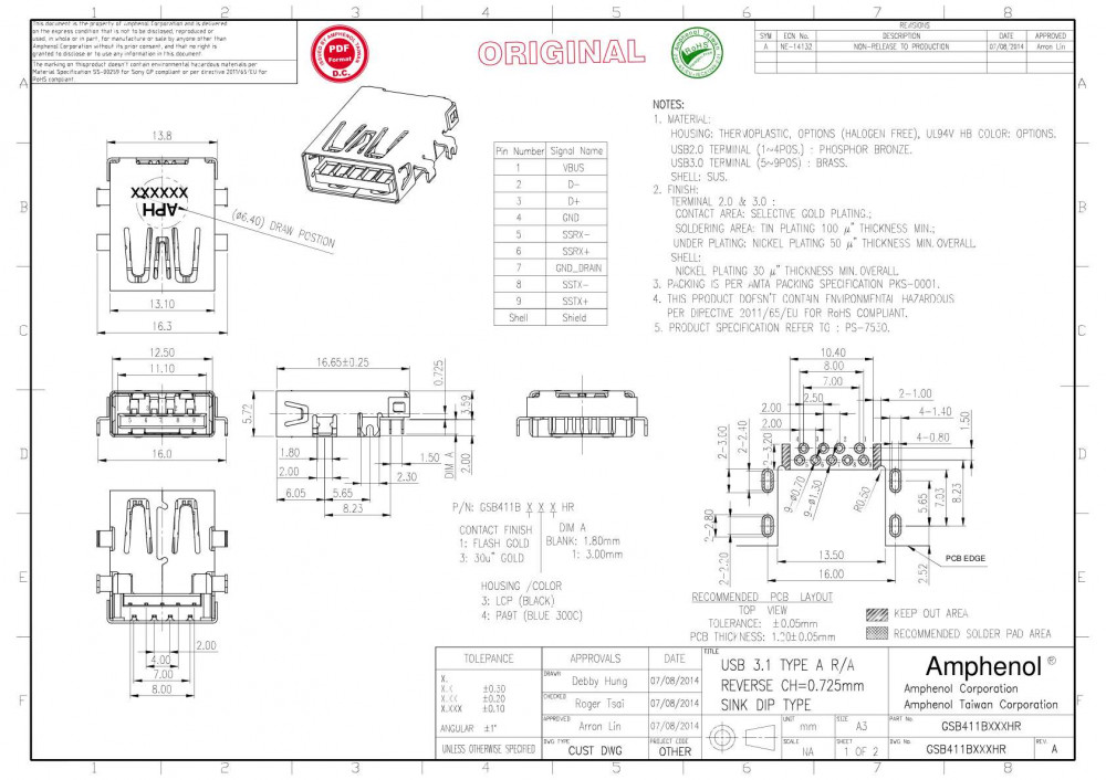 Amphenol GSB411B34HR technical drawing page 1