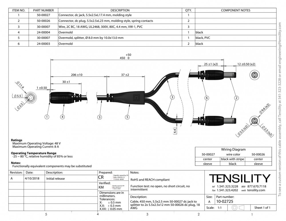 10-02725 DC power splitter cable technical drawing