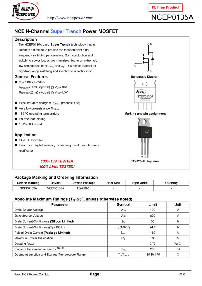 NCEP0135A datasheet page 1