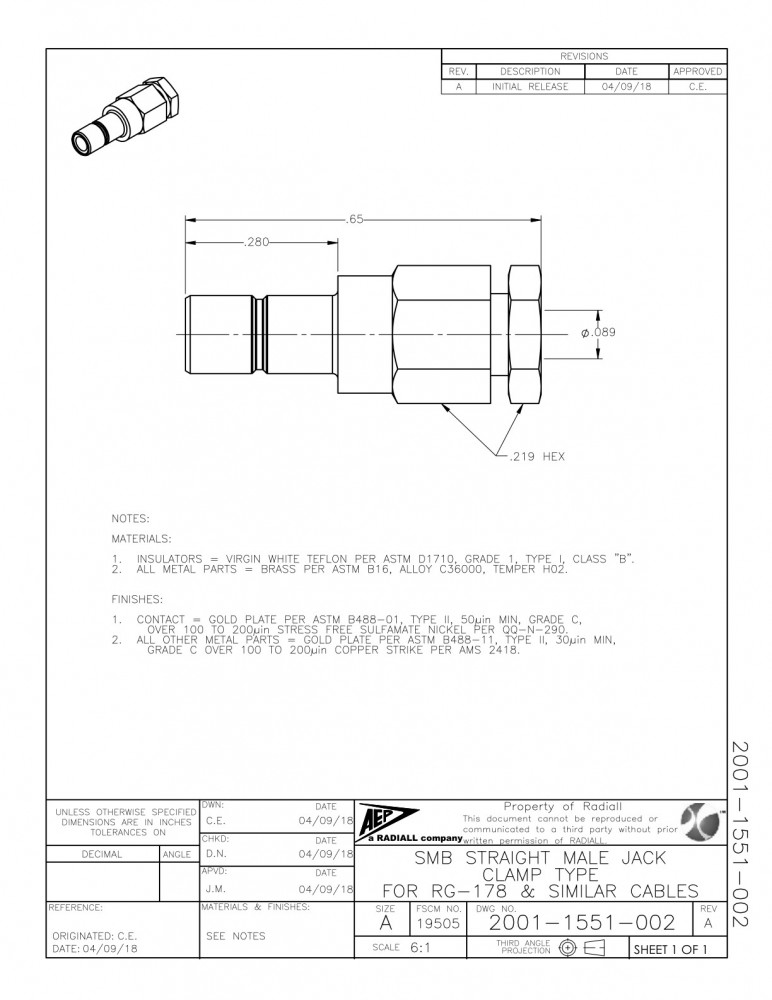 Radiall 2001-1551-002 SMB straight male jack drawing preview