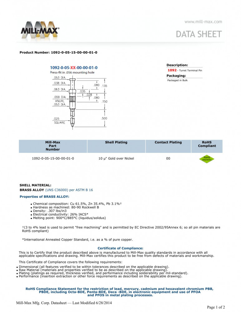 Mill-Max 1092 terminal pin technical document page 1