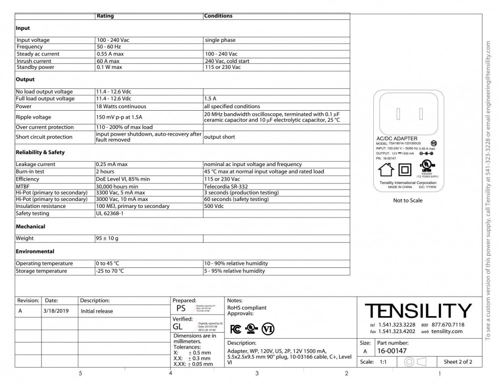 Tensility 16-00147 electrical and environmental specification
