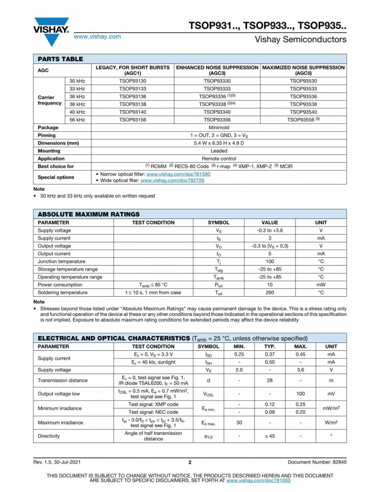 TSOP93536 technical document page 2