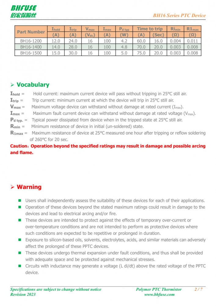 BHFUSE BH16 series datasheet page 2