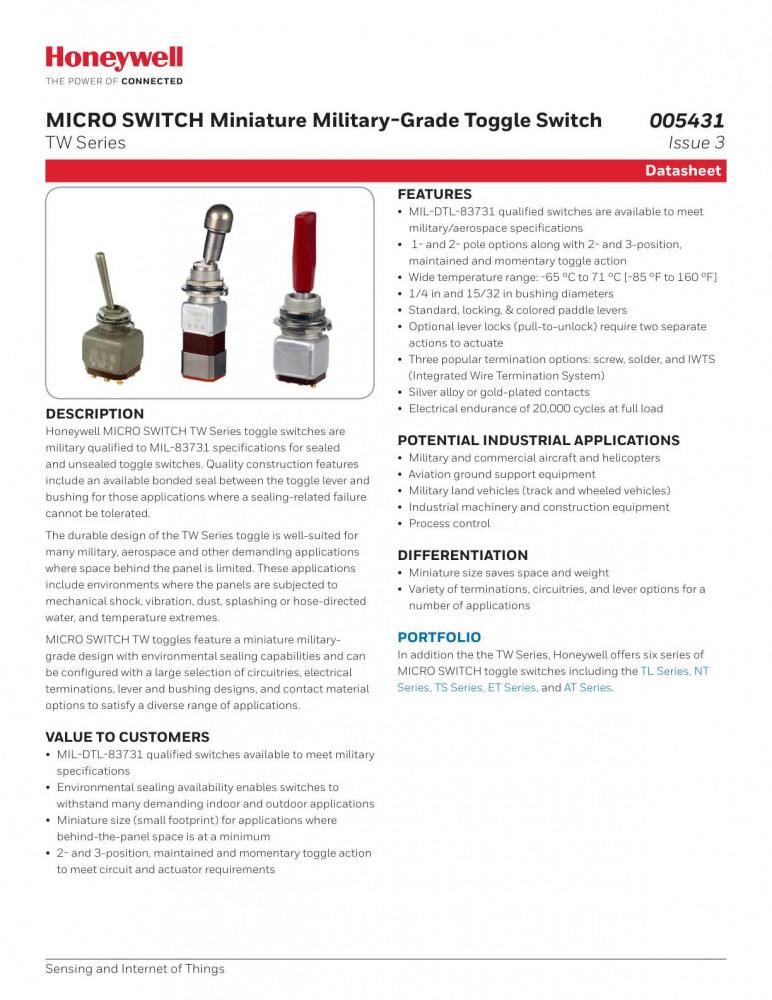 Honeywell TW Series datasheet page 1