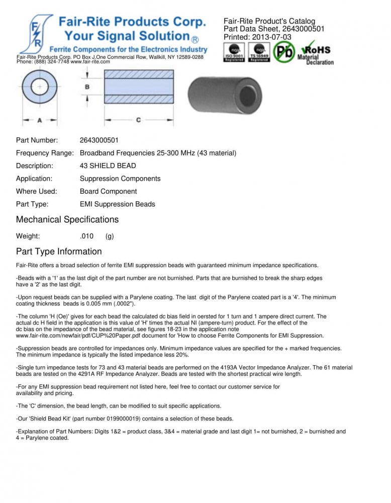 Fair-Rite 2643000501 technical document page 1