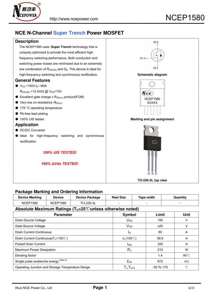 NCEP1580 datasheet page 1