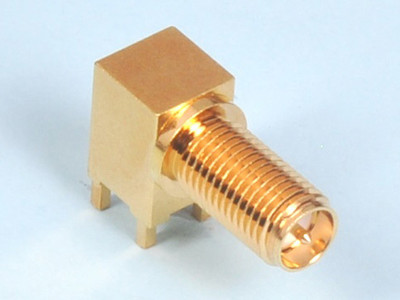 SSMB Jack, Bulkhead Mount, Right-Angle, Through Hole, with Nut and Lockwasher, Brass, Tray, 50 Ohms
