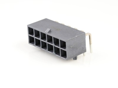 Mega-Fit Right-Angle Header, 5.70mm Pitch, Through Hole, Dual Row, 12 Circuits, 0.76µm Gold (Au) Plating, 3.60mm Tail Length, Glow-Wire Capable, Tape and Reel, Black