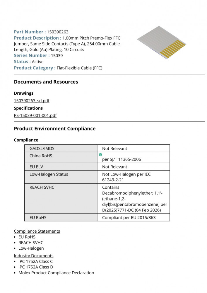 MOLEX 1.00 mm pitch FFC family specification, page 1