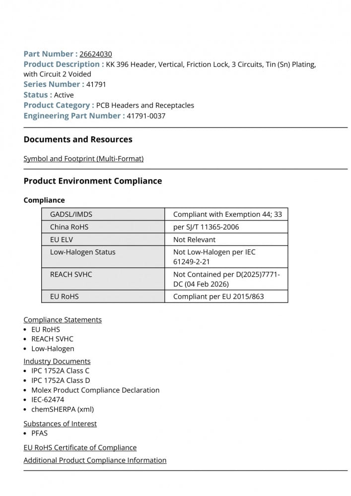 Technical document page 1 for MOLEX 26624030