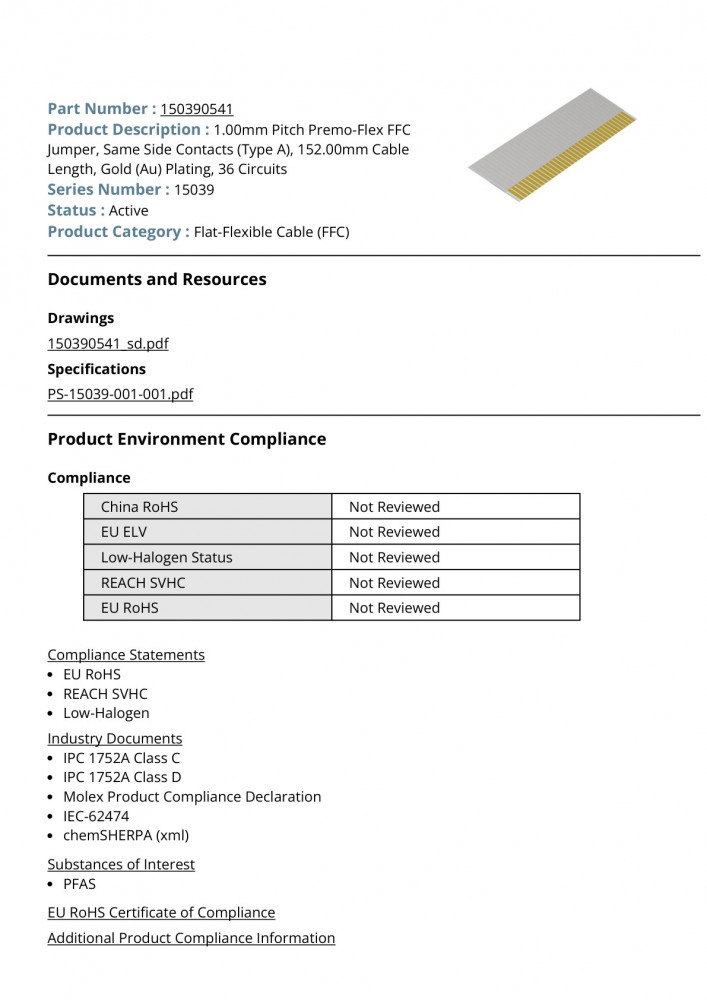Molex 1.00 mm pitch FFC family specification, document page image 1