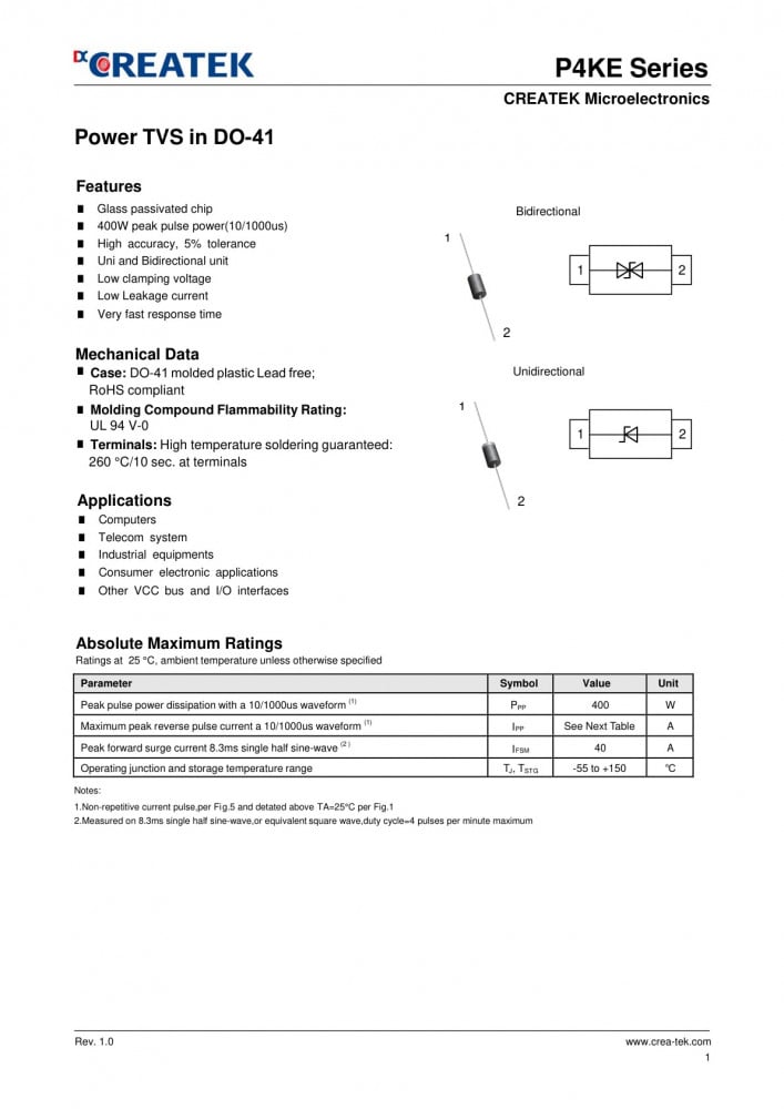CREATEK P4KE series datasheet page 1