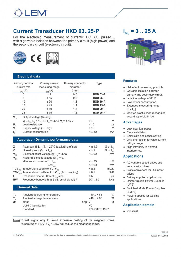 LEM HXD25-P datasheet page 1
