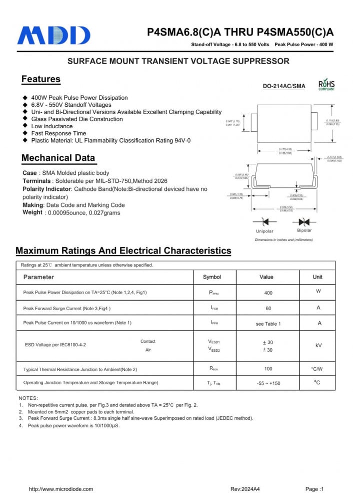 MDD P4SMA series datasheet page 1