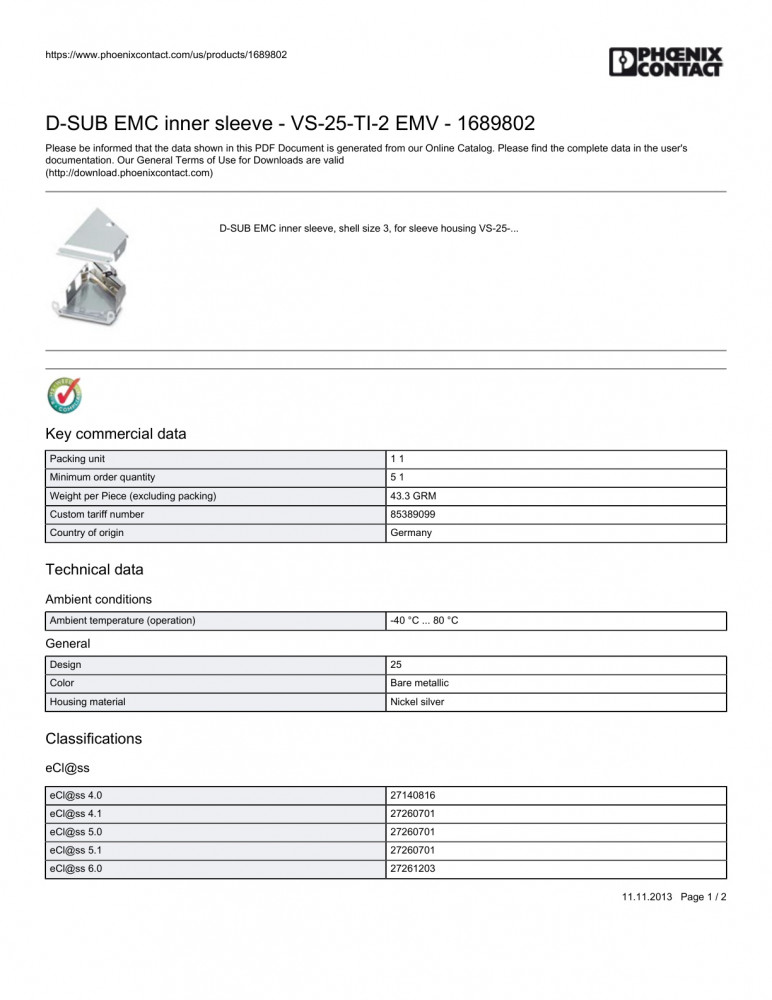 Phoenix Contact 1689802 product document page
