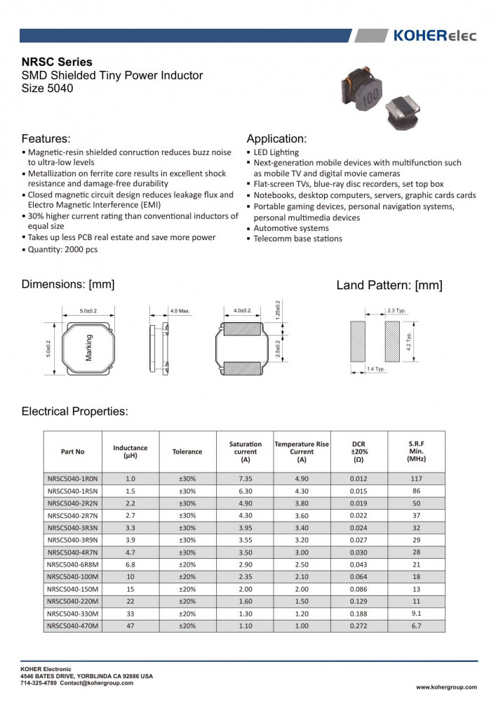 NRSC5040 series product features, applications and mechanical information