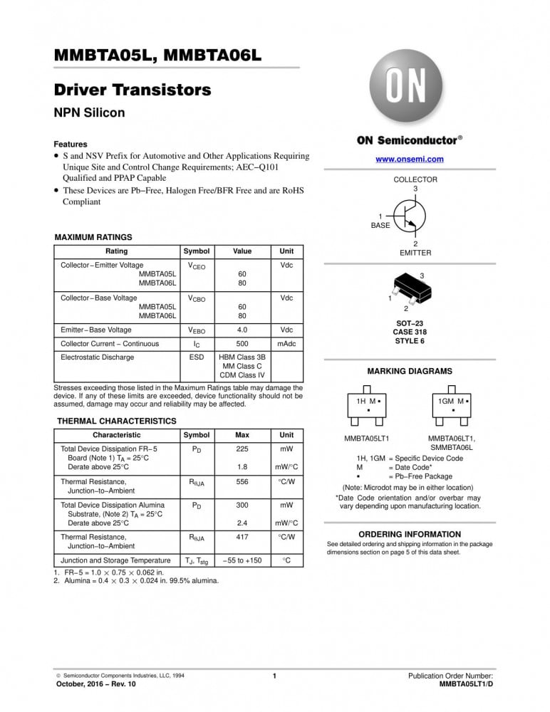 MMBTA06LT1G datasheet page 1