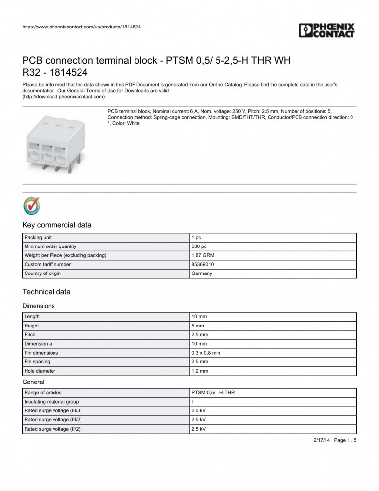 Phoenix Contact 1814524 product data page
