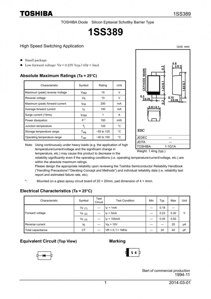 TOSHIBA 1SS389,L3F datasheet page 1