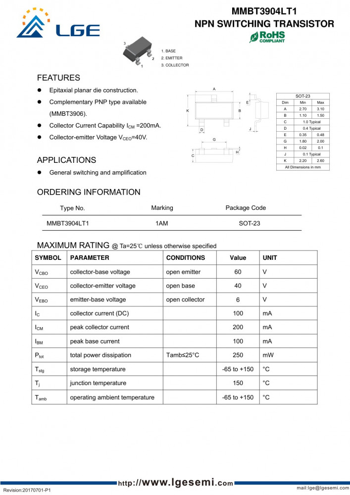 MMBT3904LT1 datasheet page 1