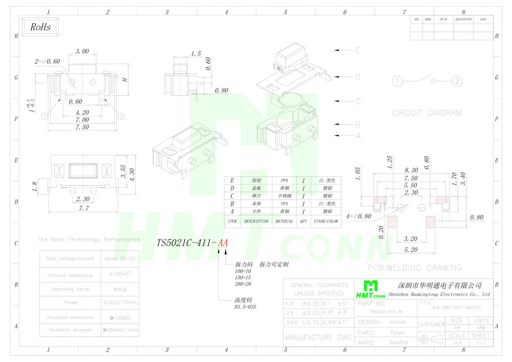 HMTCONN TS5021C-411-03528 technical drawing