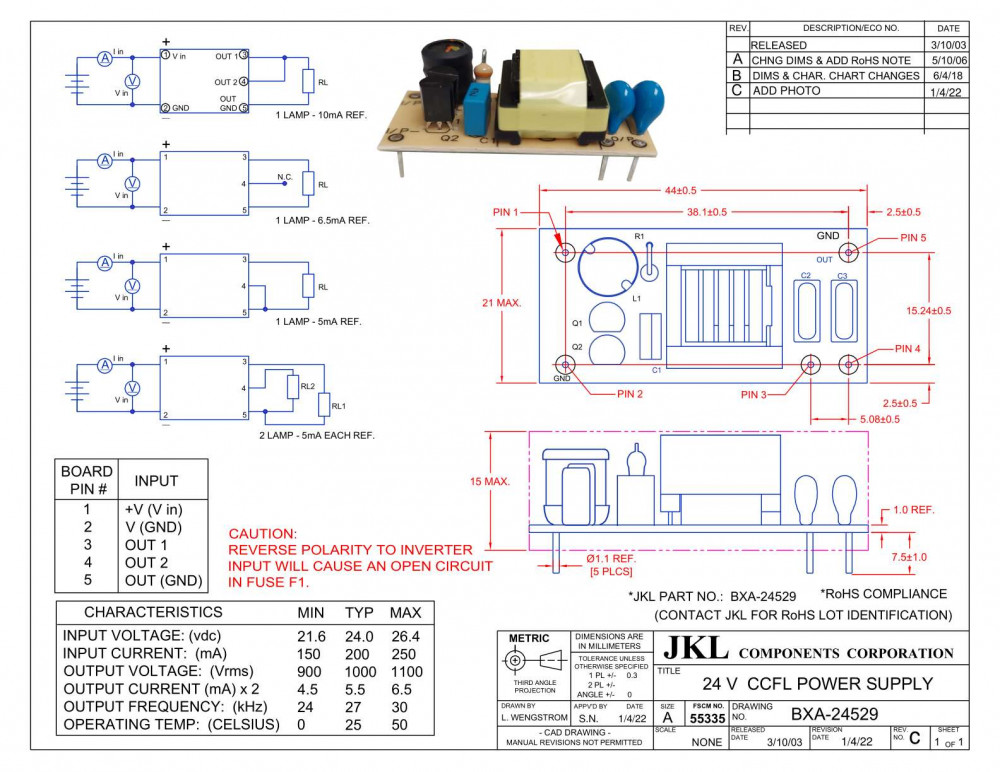 BXA-24529 24 V CCFL power supply product drawing and specification