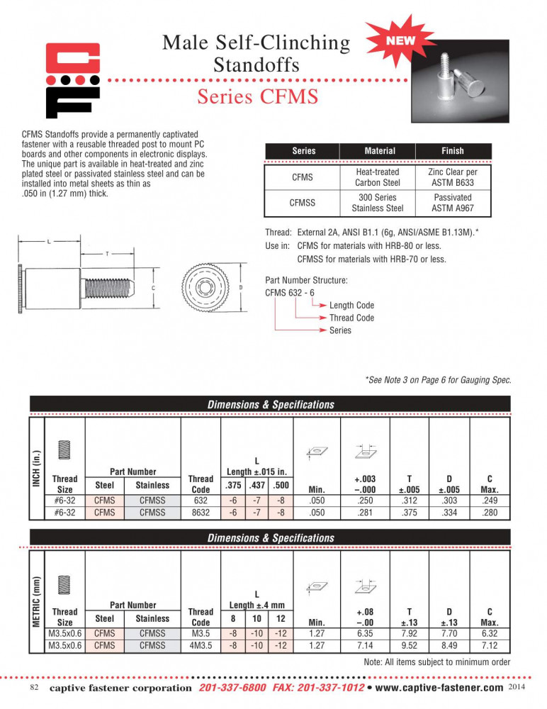 Captive Fastener CFMS and CFMSS standoff product documentation page