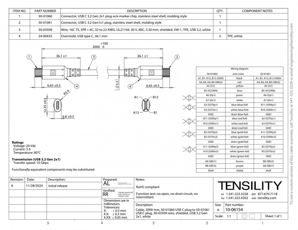 Tensility 10-06154 product drawing and cable wiring reference